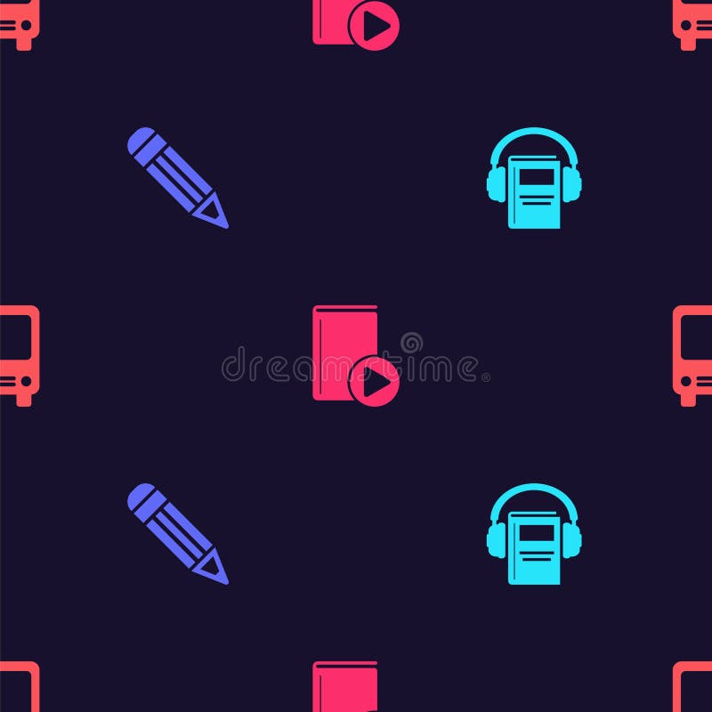 Set Audio Book, Pencil, and Bus on Seamless Pattern. Vector Stock ...