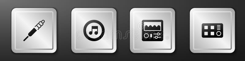 Set Audio Jack, Music Note, Tone, Drum Machine and Icon. Silver Square ...