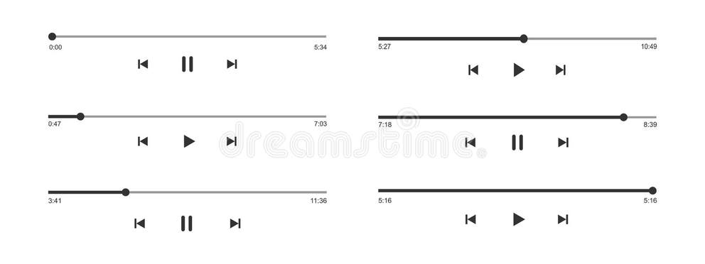 Set of Audio or Video Player Progress Loading Bars with Time Slider, Play and Pause, Rewind and ...