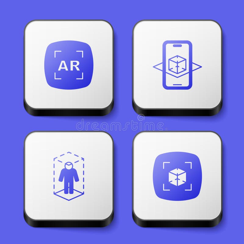 Set Augmented Reality AR, 3d Modeling, and Icon. White Square Button ...