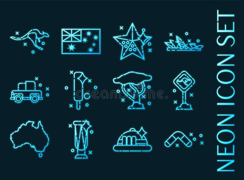 Set of Australia Blue Glowing Neon Icons Stock Vector - Illustration of ...