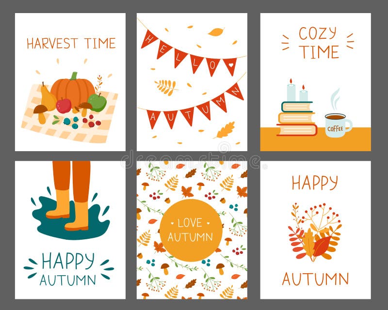 Set Autumn Cards with Leaves and Harvest Stock Vector - Illustration of ...