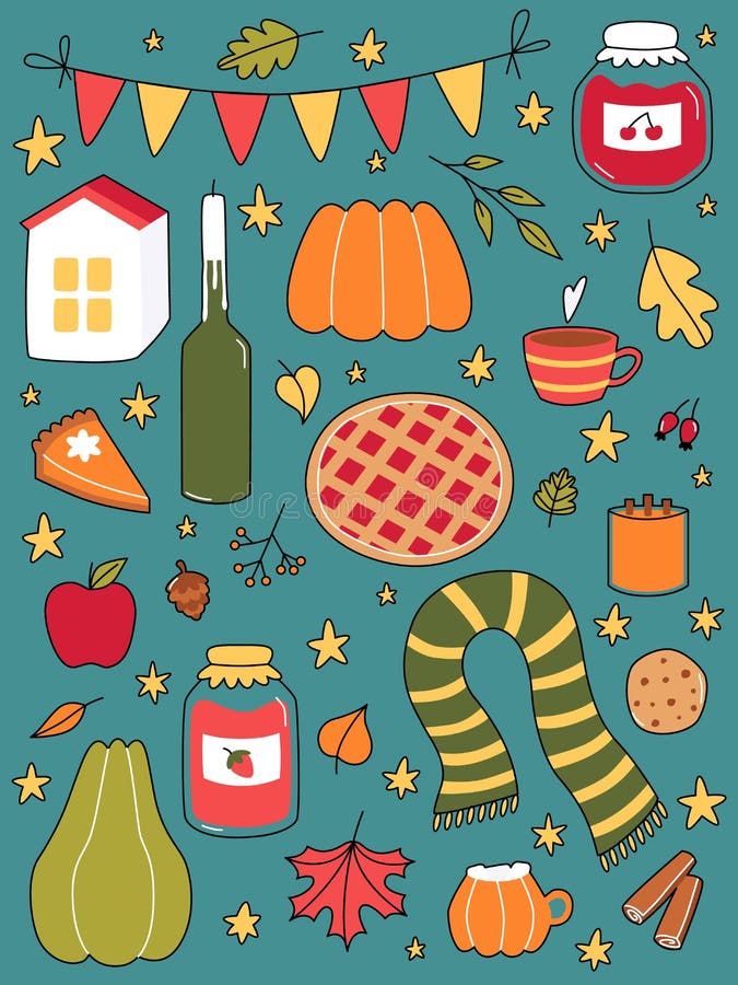 Set Autumn Elements. Cozy Warm Fall. Cute Cottagecore Symbols Stock ...