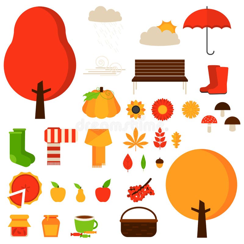 Set of Autumn Fall Elements or Symbols. Stock Vector - Illustration of ...