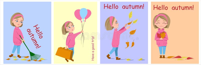 Set of Autumn Greeting Cards with Characters. Congratulations To the ...