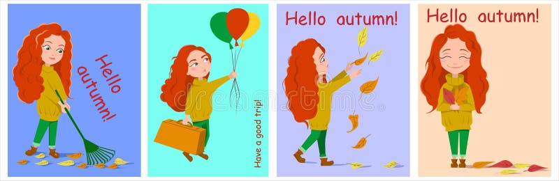 Set of Autumn Greeting Cards with Characters. Congratulations To the ...