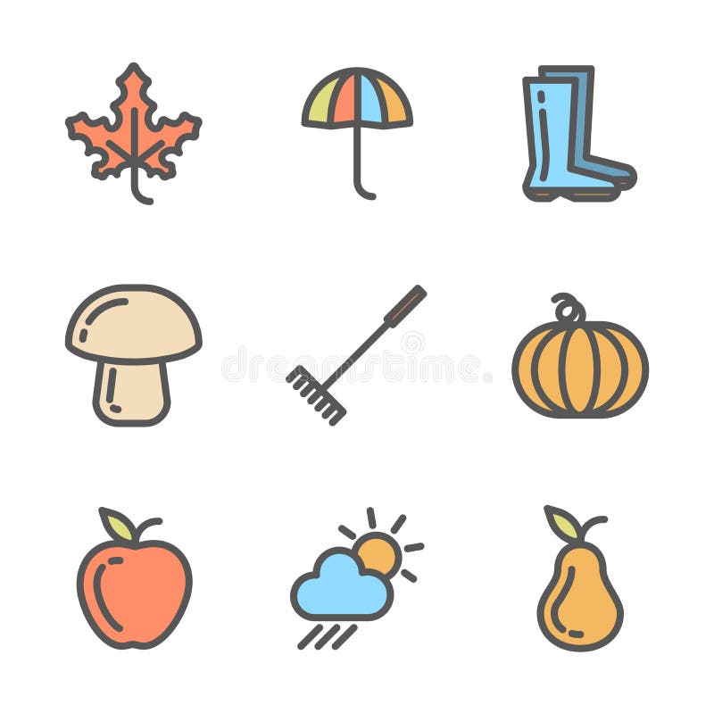 Set of Autumn Icons. Collection of Linear Colored Symbols with Fall ...