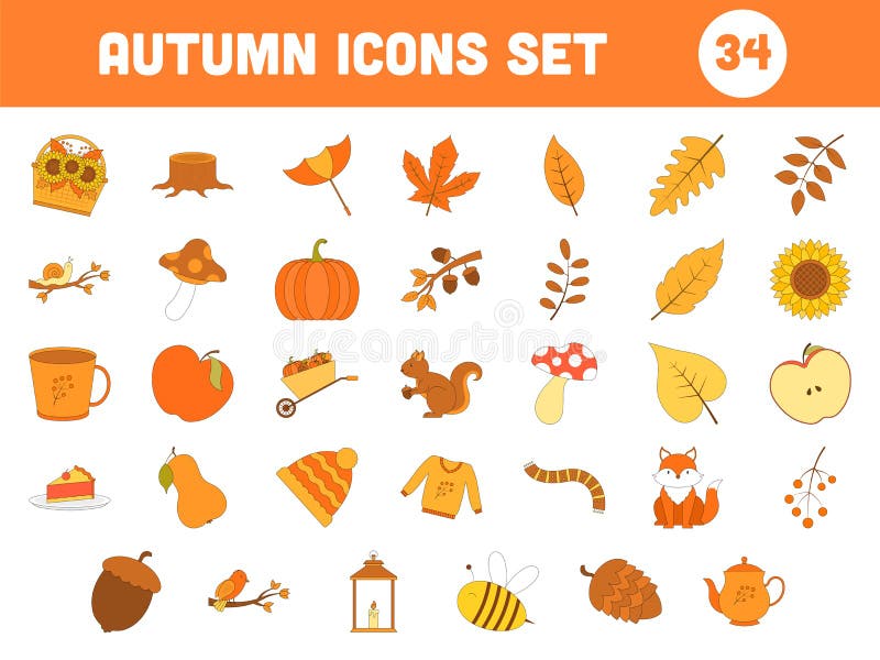 Set of 34 Autumn Icons Over White Stock Illustration - Illustration of ...