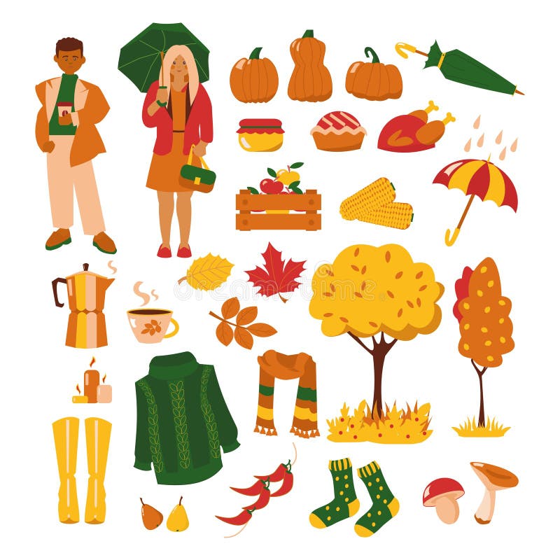 Set of Autumn Items on White Background Fall Season Illustrations Stock ...