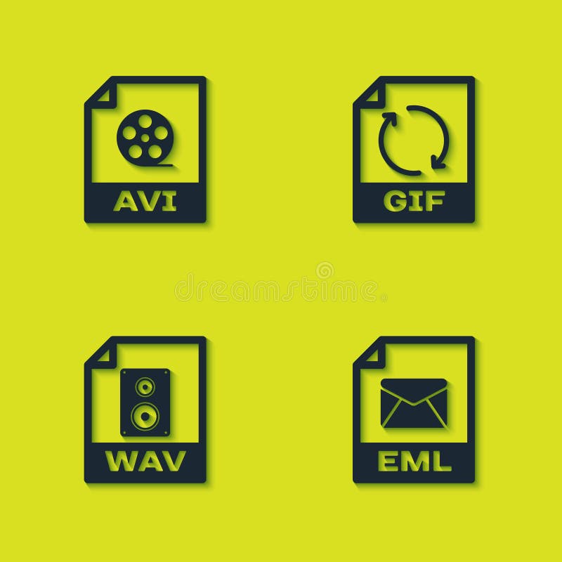 Set AVI File Document, EML, WAV and GIF Icon. Vector Stock Vector ...