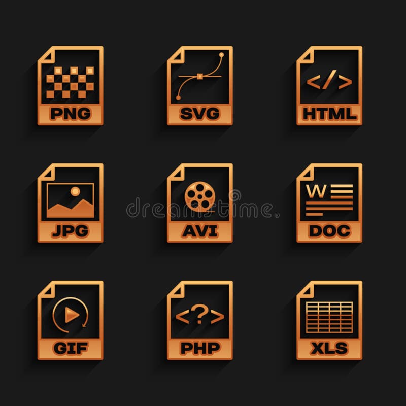 Set AVI File Document, PHP, XLS, DOC, GIF and JPG Icon. Vector Stock ... Set AVI File Document, PHP, XLS, DOC, GIF and JPG Icon. Vector Stock ...