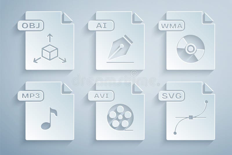 Set AVI File Document, WMA, MP3, SVG, AI and OBJ Icon. Vector Stock ... Set AVI File Document, WMA, MP3, SVG, AI and OBJ Icon. Vector Stock ...