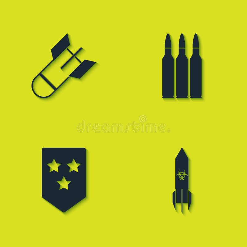 Set Aviation Bomb, Biohazard Rocket, Chevron and Bullet Icon. Vector ...