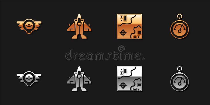 Set Aviation Emblem, Jet Fighter, World Travel Map and Barometer Icon ...