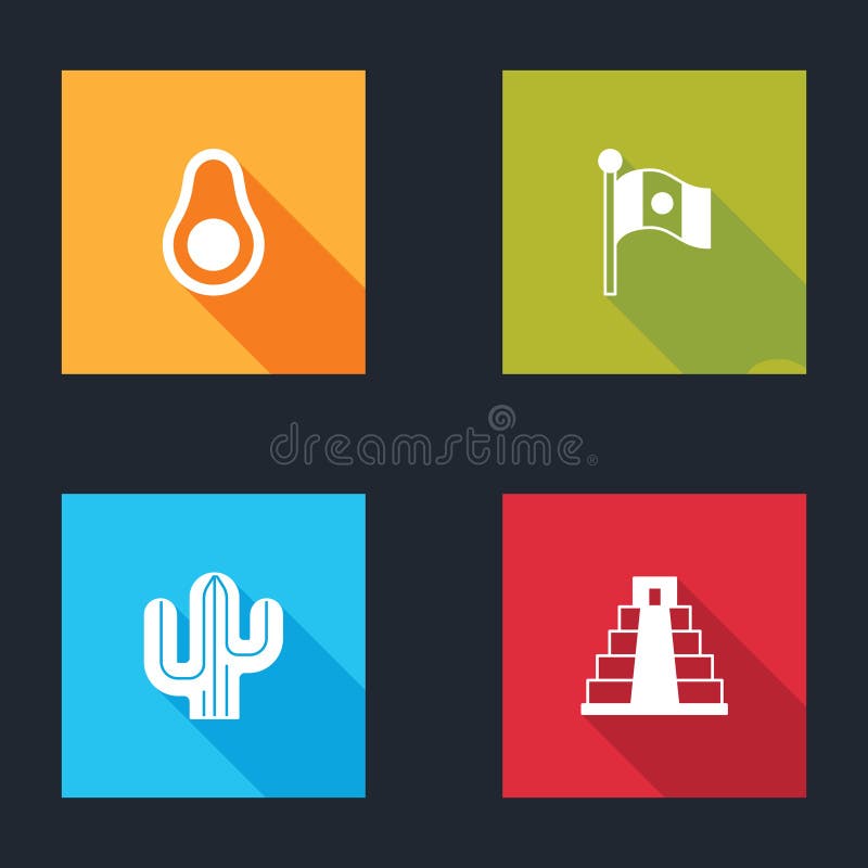 Set Avocado Fruit, Mexico Flag, Cactus and Chichen Itza in Mayan Icon ...