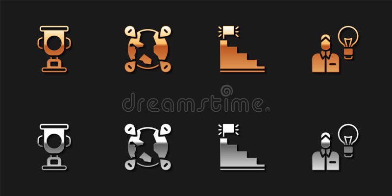 Set Award Cup, Location on the Globe, Stair with Finish Flag and Human ...