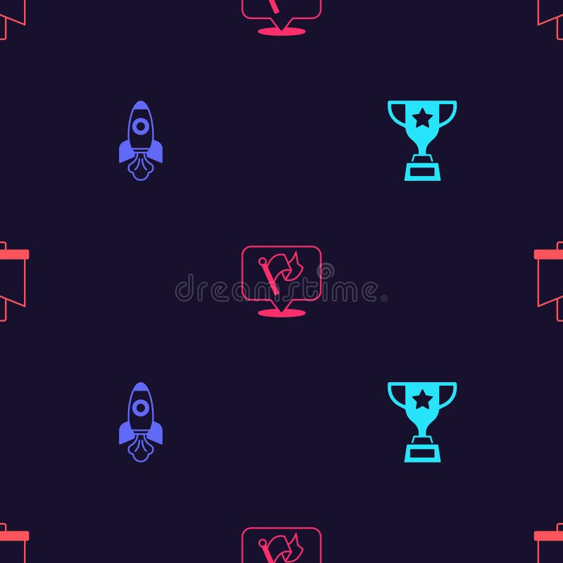 Set Award Cup, Rocket Ship, Flag and on Seamless Pattern. Vector Stock ...