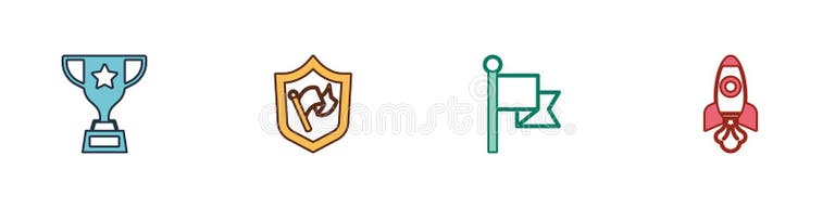 Set Award Cup, Shield with Flag, Flag and Rocket Ship Icon. Vector ...
