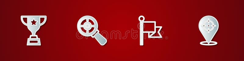 Set Award Cup, Target with Magnifying Glass, Flag and Icon. Vector ...