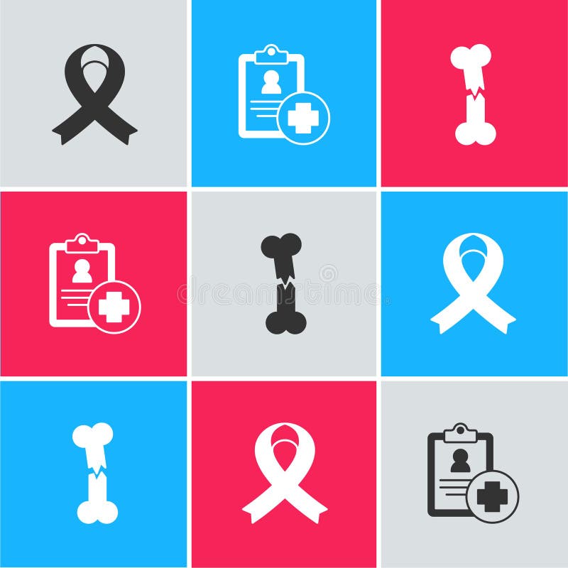 Set Awareness Ribbon, Patient Record and Human Broken Bone Icon. Vector ...