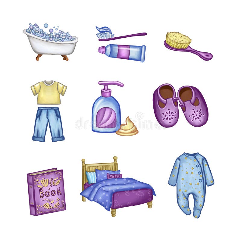 Set of Baby Bedtime Routine Symbols Hand Drawn Illustration Stock ...