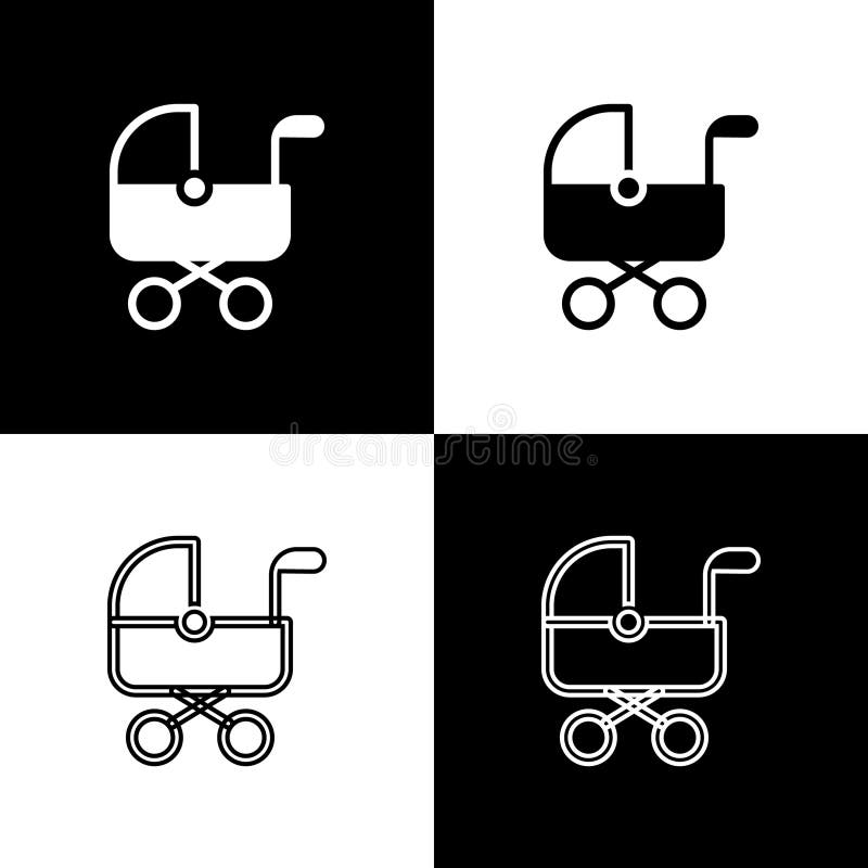 Set Baby Stroller Icon Isolated on Black and White Background. Baby ...