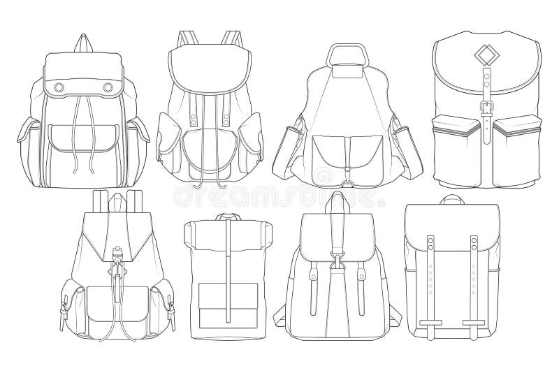Set of Backpack Outline Drawing Vector, Set of Backpack in a Sketch ...