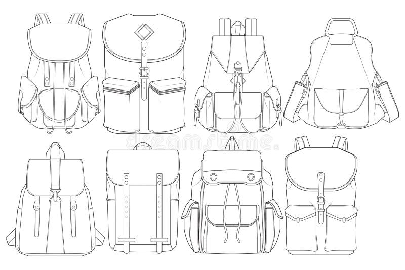 Set of Backpack Outline Drawing Vector, Set of Backpack in a Sketch ...
