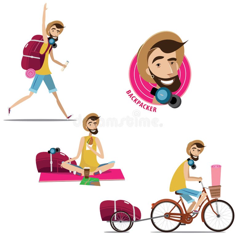 Set of backpackers stock vector. Illustration of face - 58984787