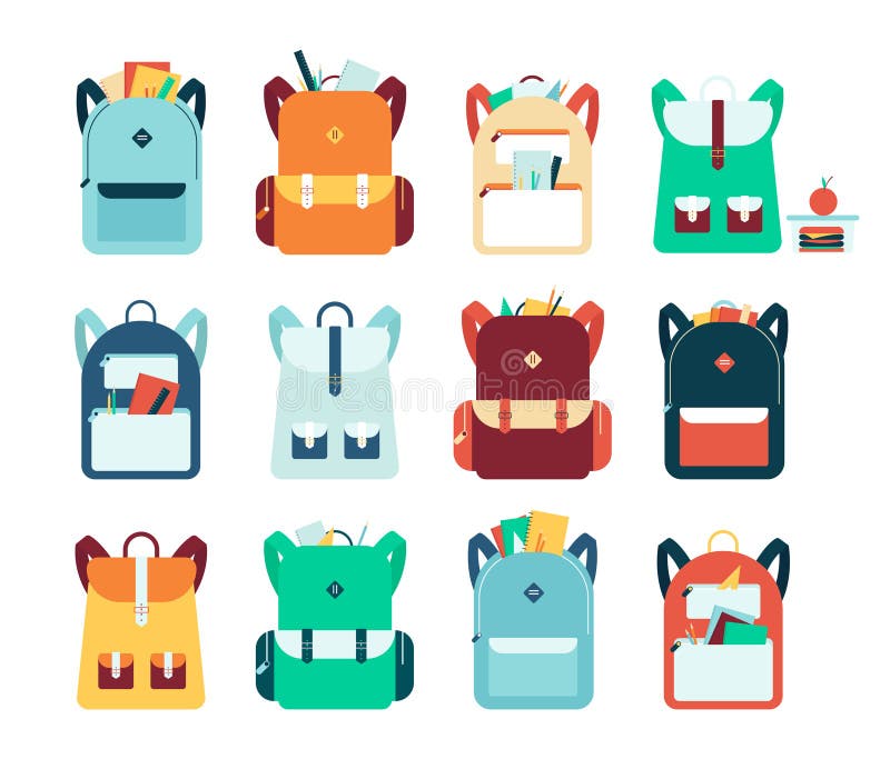 Set of Backpacks or Schoolbags Flat Style Vector Illustration Isolated ...