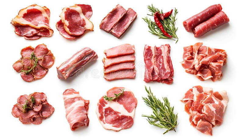 Set with Bacon Slices on White Background. Banner Design Stock Image ...
