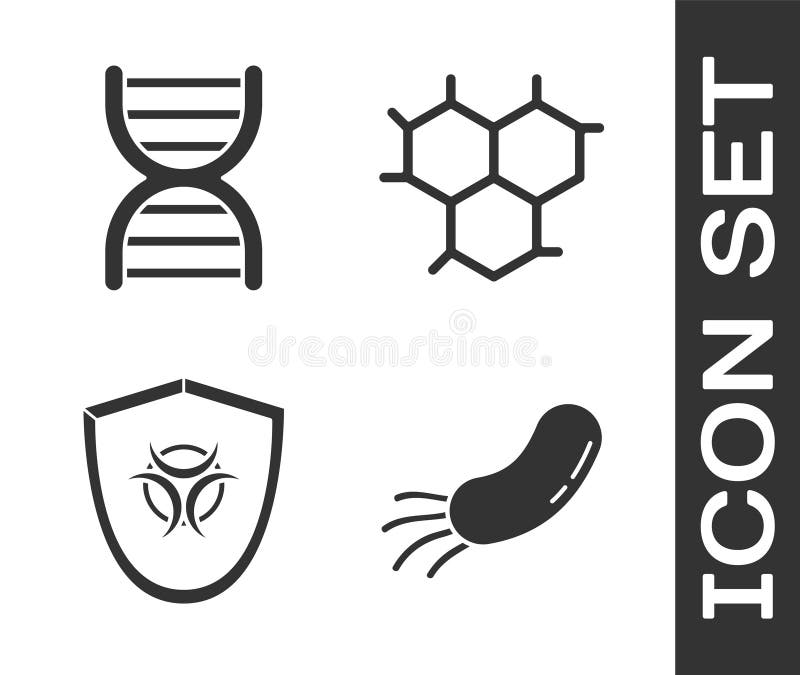 Set Bacteria, DNA Symbol, Biohazard Symbol on Shield and Chemical ...