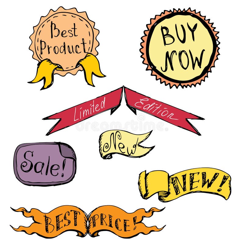 Set of Badge, Label, Ribbon Doodle, Hand Drawing Stock Vector ...