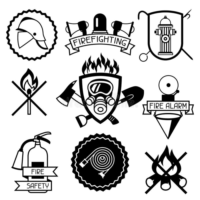 Set of Badges and Labels with Firefighting Items. Fire Protection ...