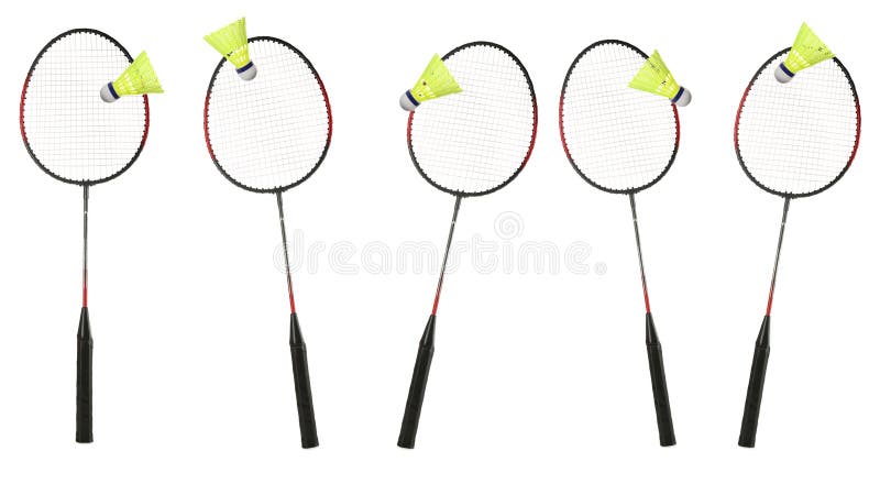 Set with Badminton Rackets and Shuttlecocks on White Background. Banner ...