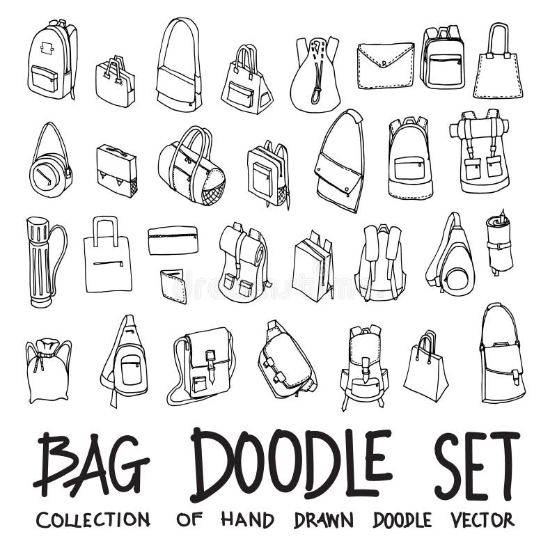 Set of Bag Drawing Illustration Hand Drawn Doodle Sketch Line Vector ...
