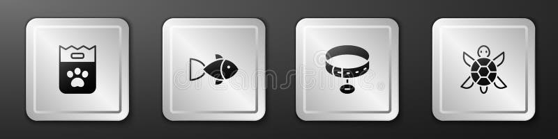 Set Bag of Food, Fish, Collar with Name Tag and Turtle Icon. Silver ...