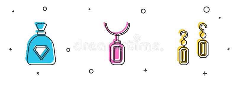 Set Bag with Gems, Pendant on Necklace and Earrings Icon. Vector Stock ...