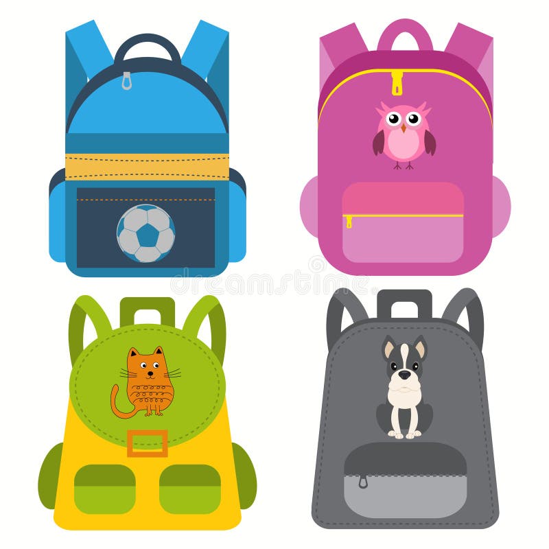 Set Bag School Flat Isolated on White Background. Backpack Cartoons ...