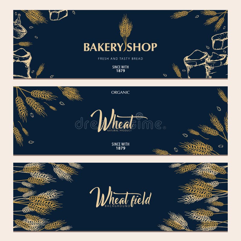 Set of Bakery Backgrounds with Wheats. Linear Graphic. Bread Banner ...