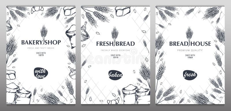 Set of Bakery Backgrounds with Wheats. Linear Graphic. Bread Banner ...