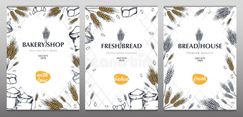 Set of Bakery Backgrounds with Wheats. Linear Graphic. Bread Banner ...