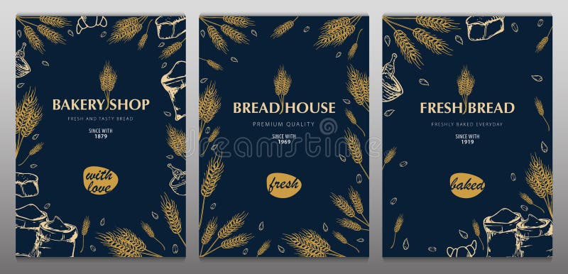 Set of Bakery Backgrounds with Wheats. Linear Graphic. Bread Banner ...