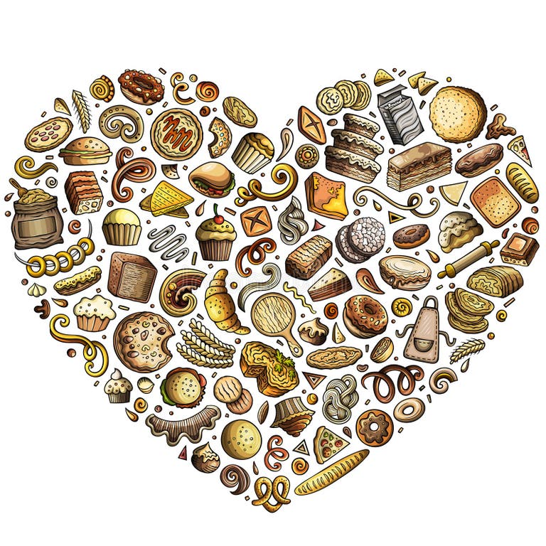 Set of Bakery Cartoon Doodle Objects. Heart Form Composition Stock ...