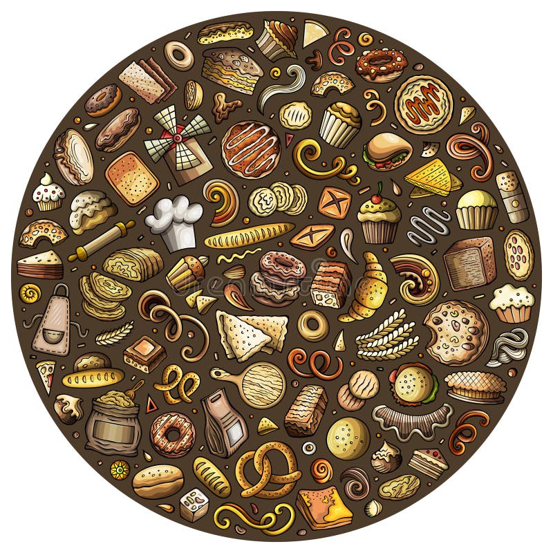 Set of Bakery Cartoon Doodle Objects. Round Composition Stock ...