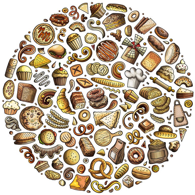Set of Bakery Cartoon Doodle Objects. Round Composition Stock Vector ...