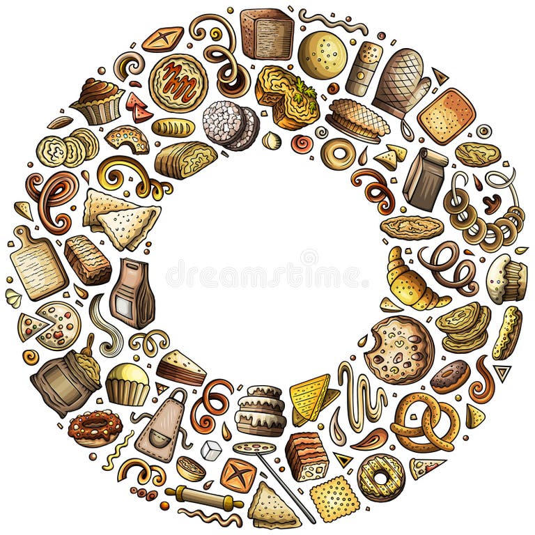 Set of Bakery Cartoon Doodle Objects. Round Frame Composition Stock ...