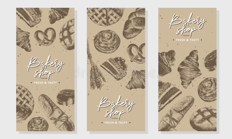 Set of 3 Bakery Flyers, Menu or Brochure. Advertising Design with Bread ...