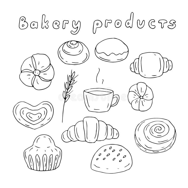 Set of Bakery Products and Coffee, Vector Illustration, Hand Drawing ...