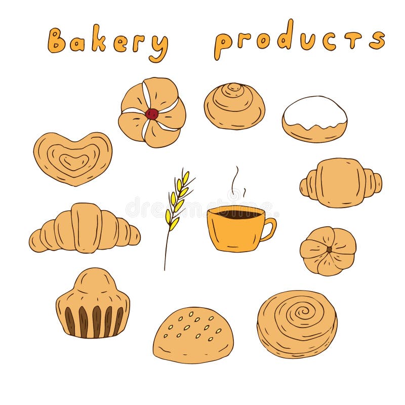 Set of Bakery Products and Coffee, Vector Illustration, Hand Drawing ...